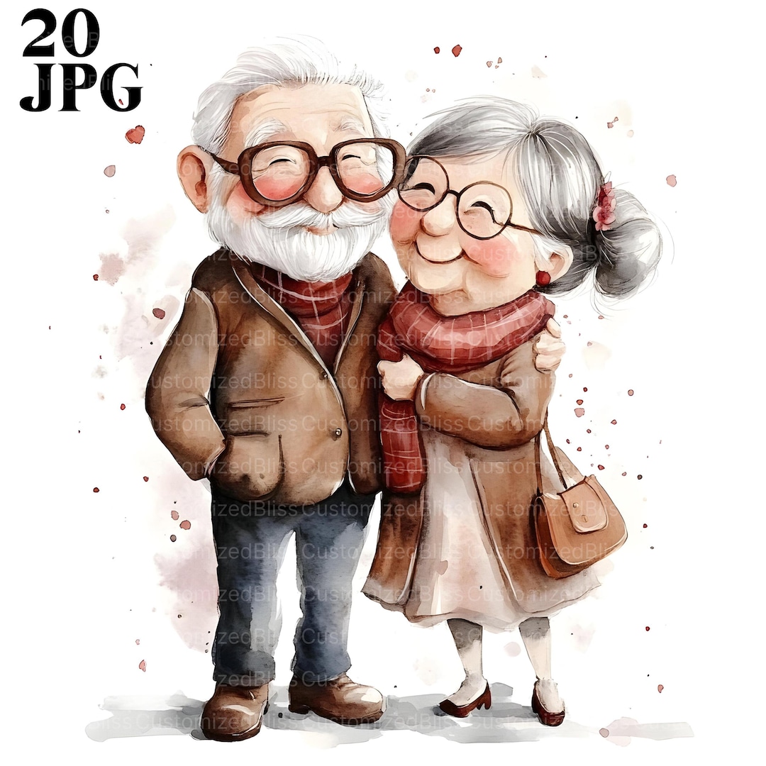 20 Watercolor Cute Grandma and Grandpa Clipart Bundle, Funny Elderly ...