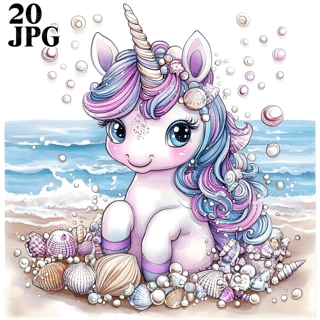 20 Unicorn Clipart, Unicorn at the Beach Clipart, Sea Shell Clipart ...