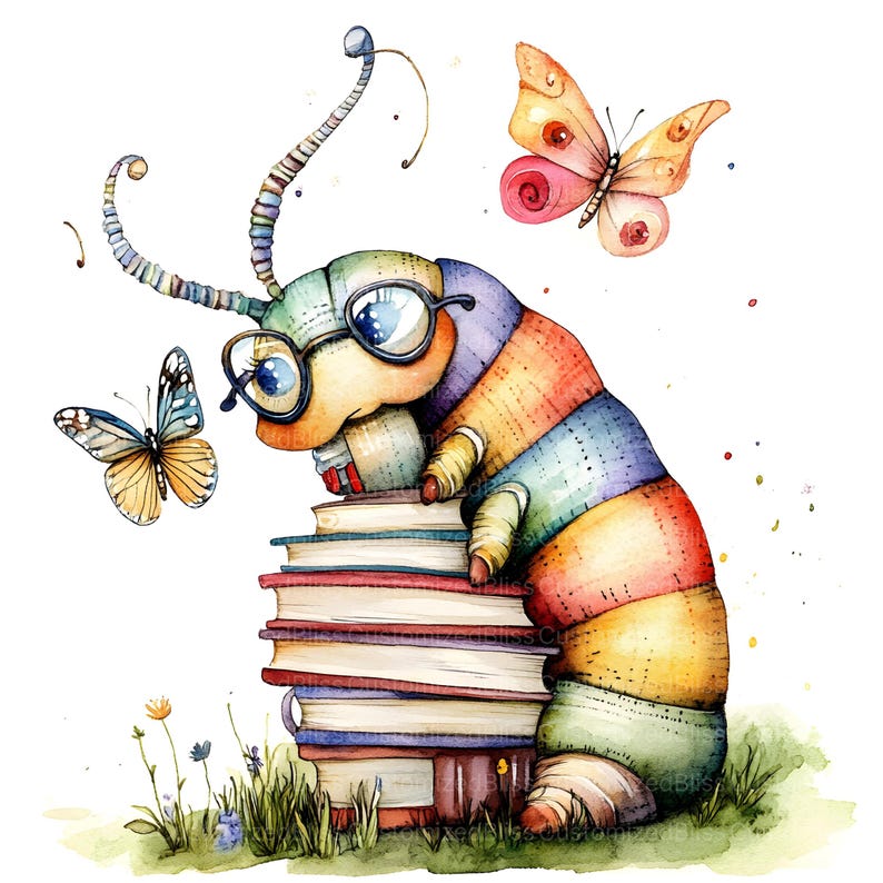 20 Bookworm Clipart, Nerdy Worm, Reading Worm Digital Art, Bookworm ...