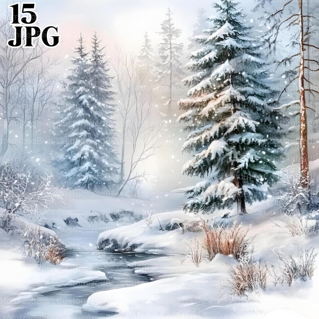 Winter Forest Clip Art Kit, 15 High Res Watercolor Jpgs for Junk ...