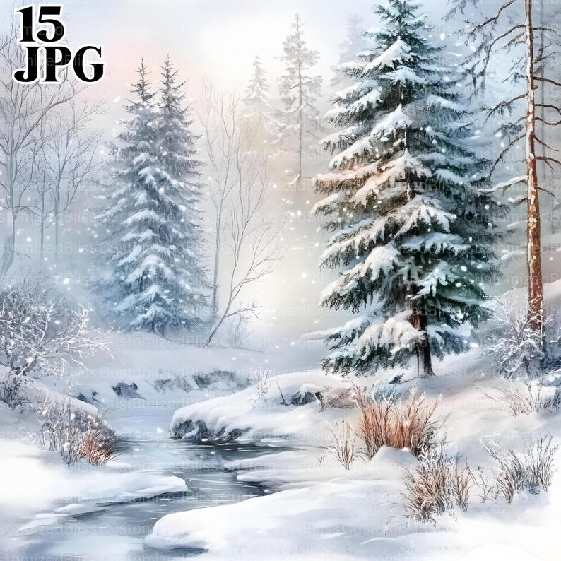 Winter Forest Clip Art Kit, 15 High Res Watercolor Jpgs for Junk ...