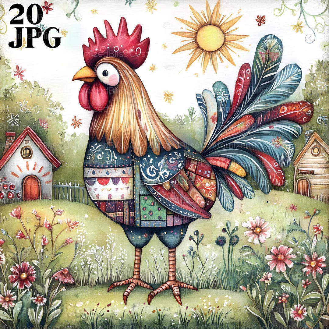Calico Rooster Clip Art, 20 High Quality Jpgs, Watercolor Clipart, Junk ...