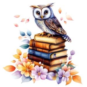 18 Watercolor Owl Clipart, Owl Sitting on Books With Flowers Clipart ...