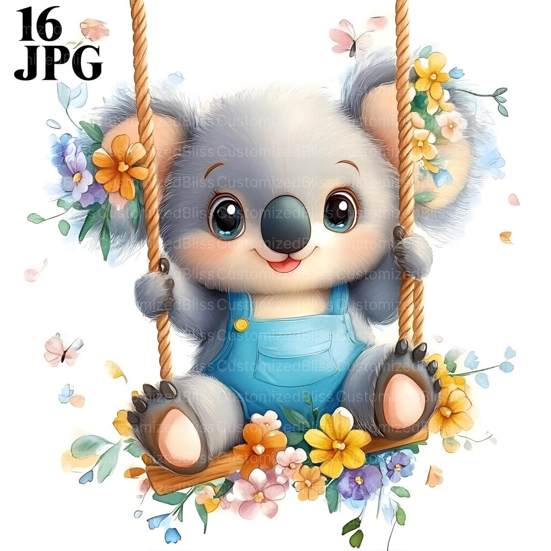 Koala on Swing With Spring Flowers Clipart Bundle, 16 High Quality Jpgs ...