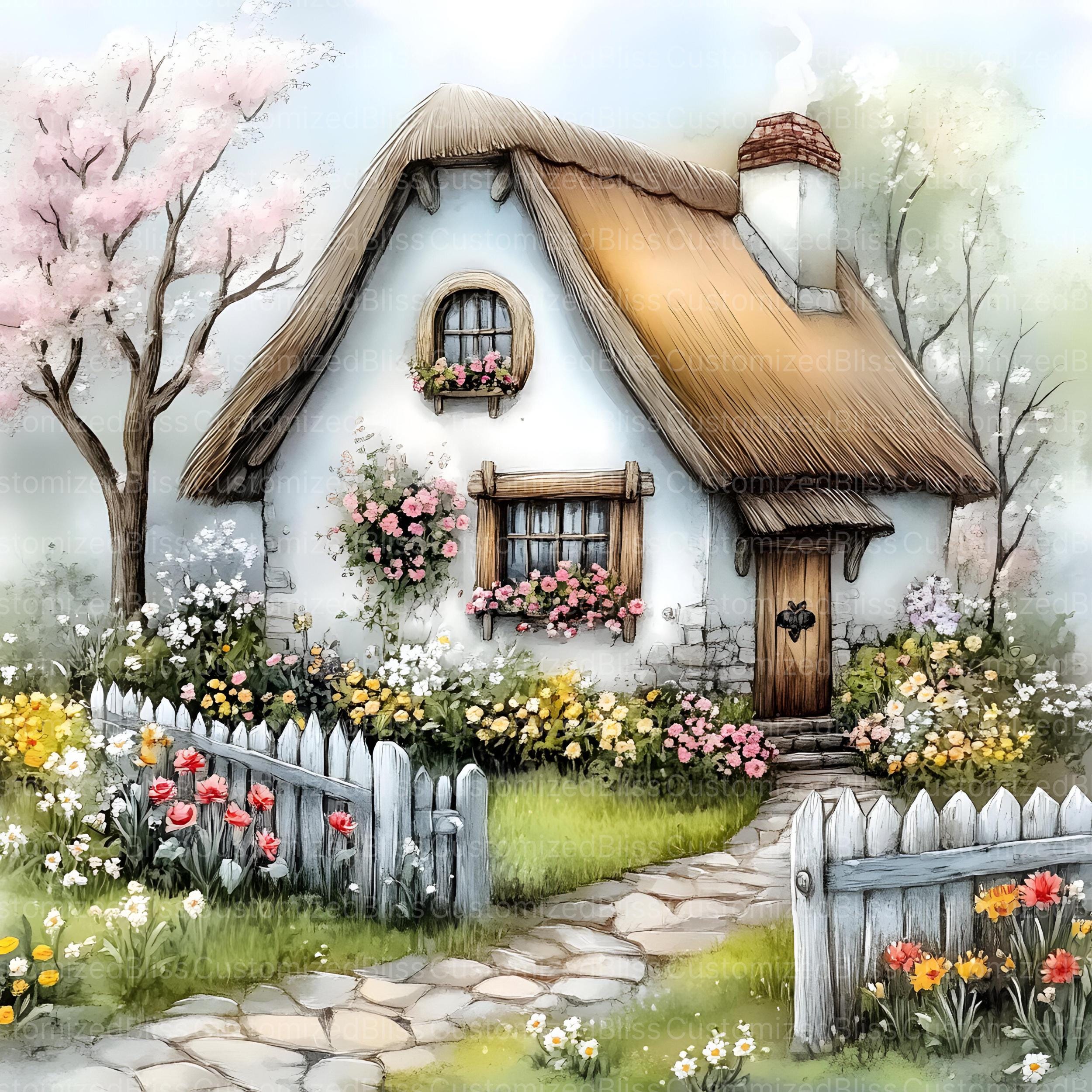 White Cottage in Spring Clipart Bundle, 19 High Res Watercolor Jpgs for ...