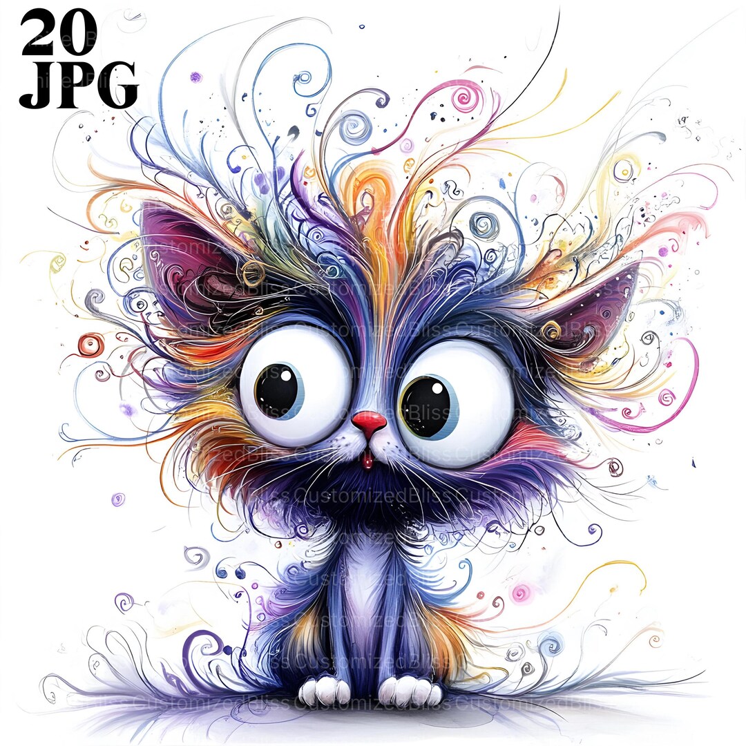 Frazzled Cat Clip Art, 20 High Quality Jpgs, Funny Cat, Watercolor ...