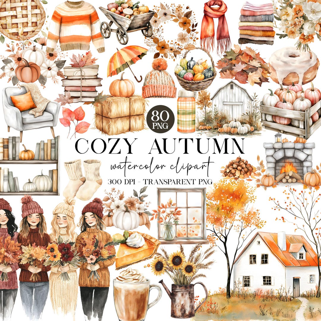 Watercolor Autumn Clipart Bundle, Cozy Autumn PNG, Fall Clip Art ...