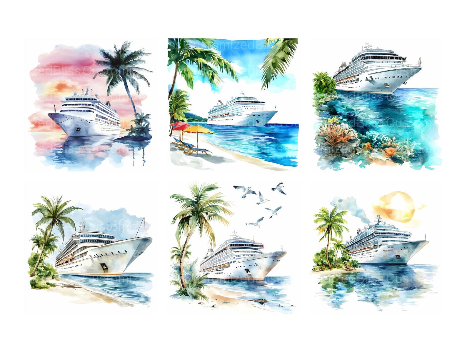 Beach and Cruise Ship Clipart, 30 High Quality Jpgs, Vacation Clipart ...