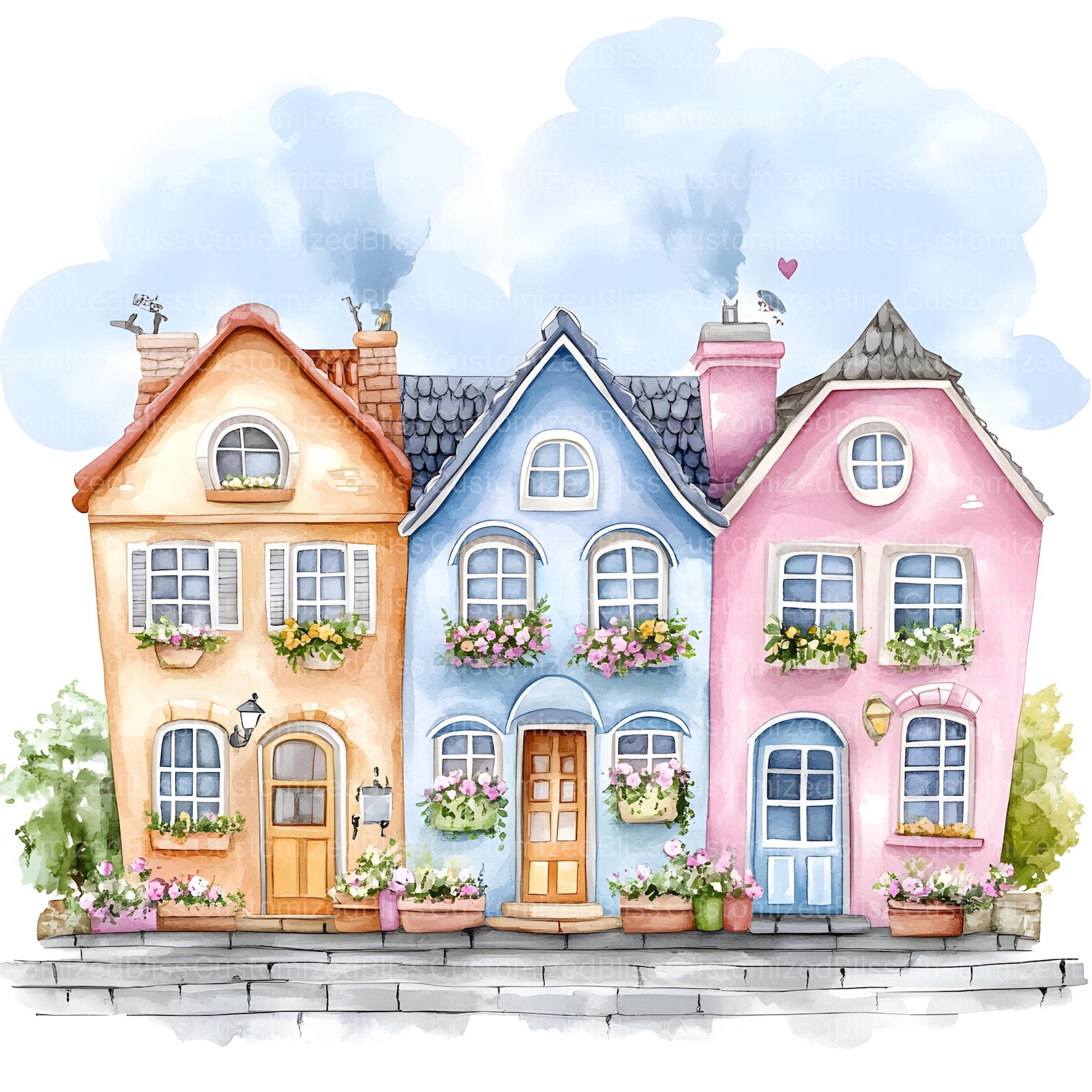 Whimsical Row Houses Clipart Bundle, 20 High Quality Jpgs, Watercolor Clipart, Junk Journal ...