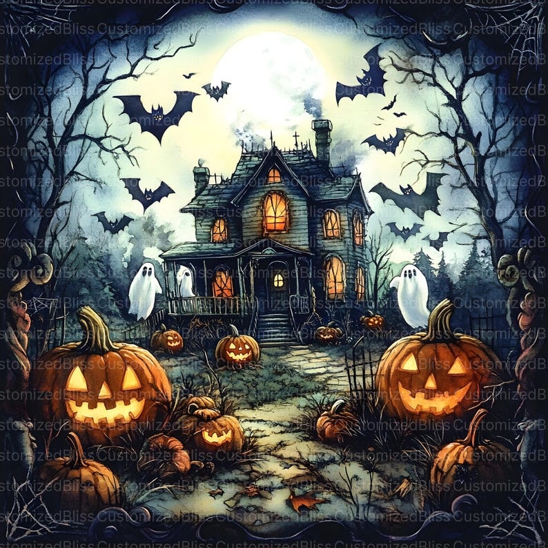 18 Spooky Halloween Night Clipart, Haunted House, Full Moon, Pumpkins ...