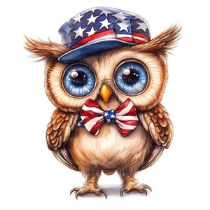 14 Patriotic Owl Clipart, Cute Owl With USA Hat and Bow Tie, 4th of ...