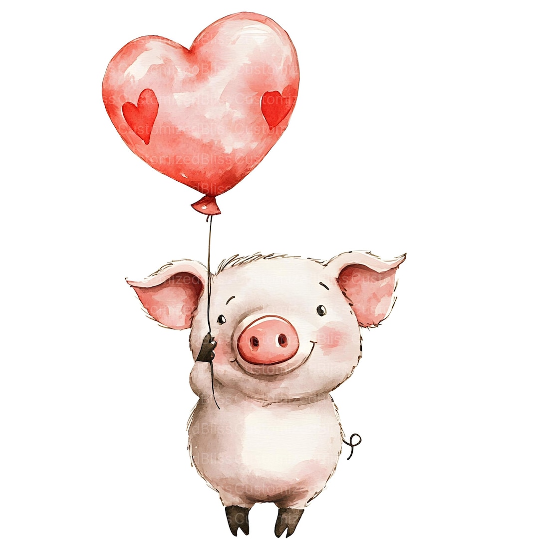 20 Valentine's Day Pig Holding Heart Shaped Balloon Clipart Bundle ...