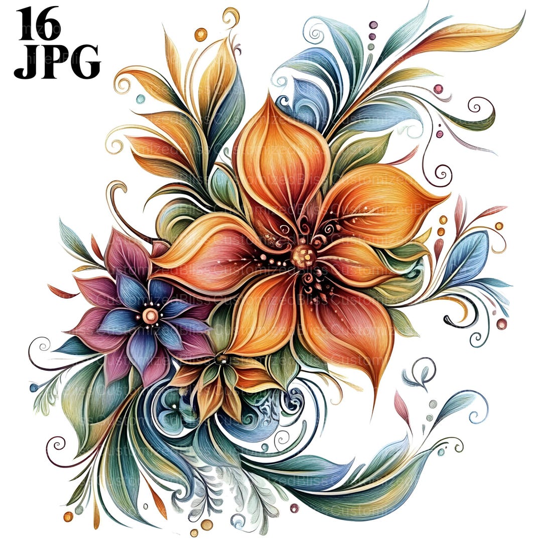 16 Folk Art Flower Clipart, Folk Clipart, Floral Clipart, Watercolor ...