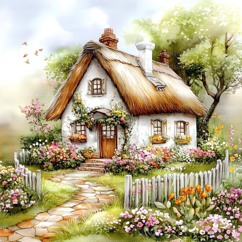 White Cottage in Spring Clipart Bundle, 19 High Res Watercolor Jpgs for ...