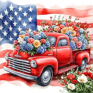 Red Truck USA Clip Art Bundle, 20 High Res Watercolor Jpgs for Junk ...