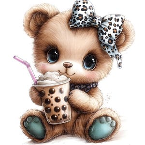 Cute Bear Clipart, Boba Clipart, Teddy Bear Clipart, Leopard Print Bow ...