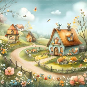 Whimsical Spring Village Art, 20 High Quality Jpgs, Watercolor Clipart ...