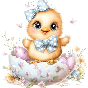 16 Smiling Chick in Decorated Egg Clipart, Easter Chick Illustration ...