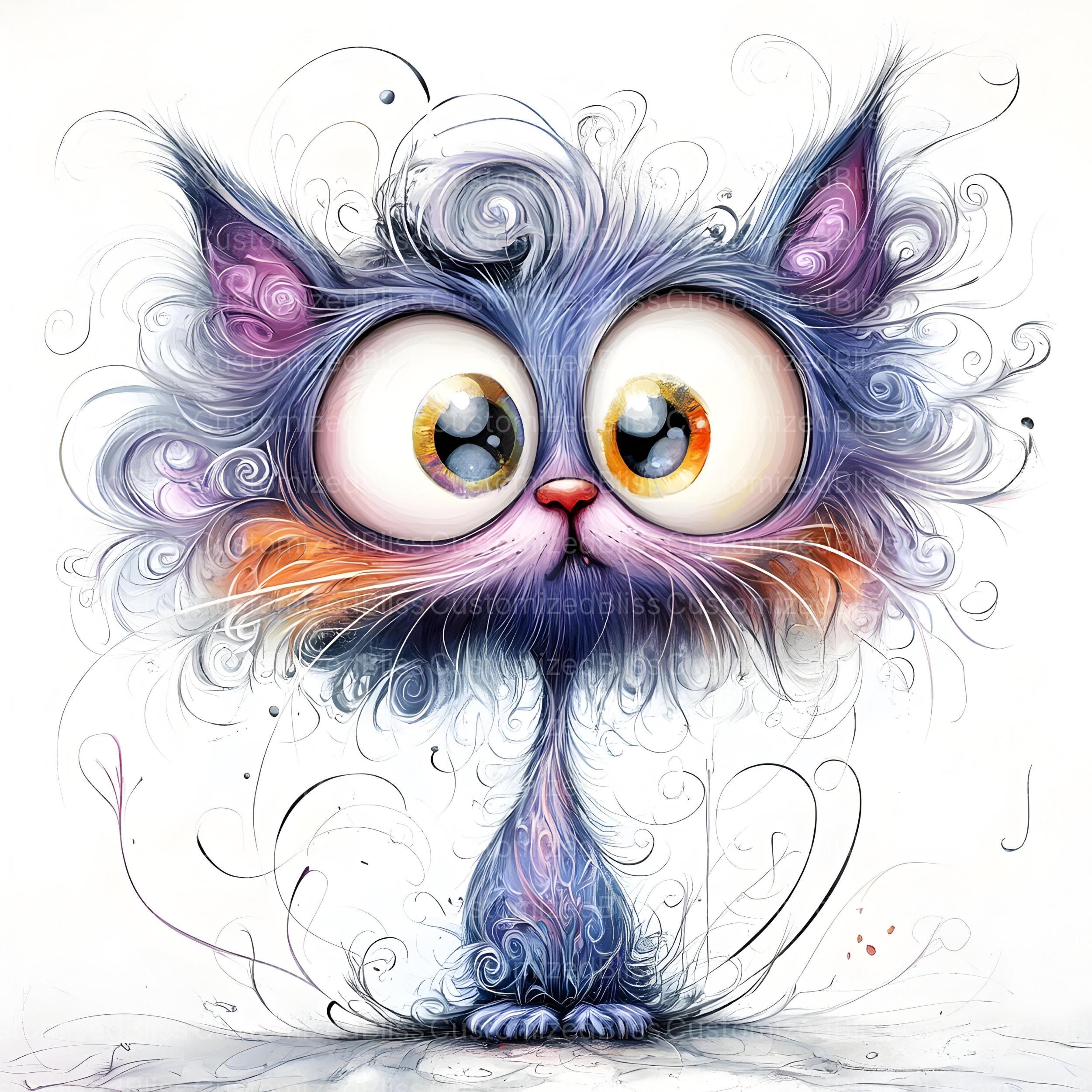 Frazzled Cat Clip Art, 20 High Quality Jpgs, Funny Cat, Watercolor ...
