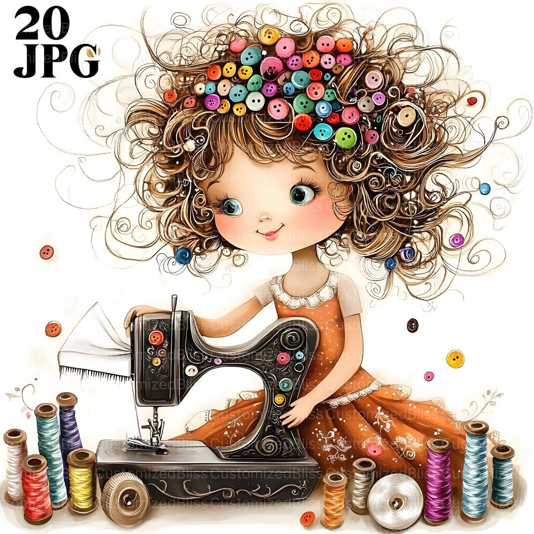 20 Quirky Sewing Clipart, Whimsical Sewing, Whimsical Girl, High ...