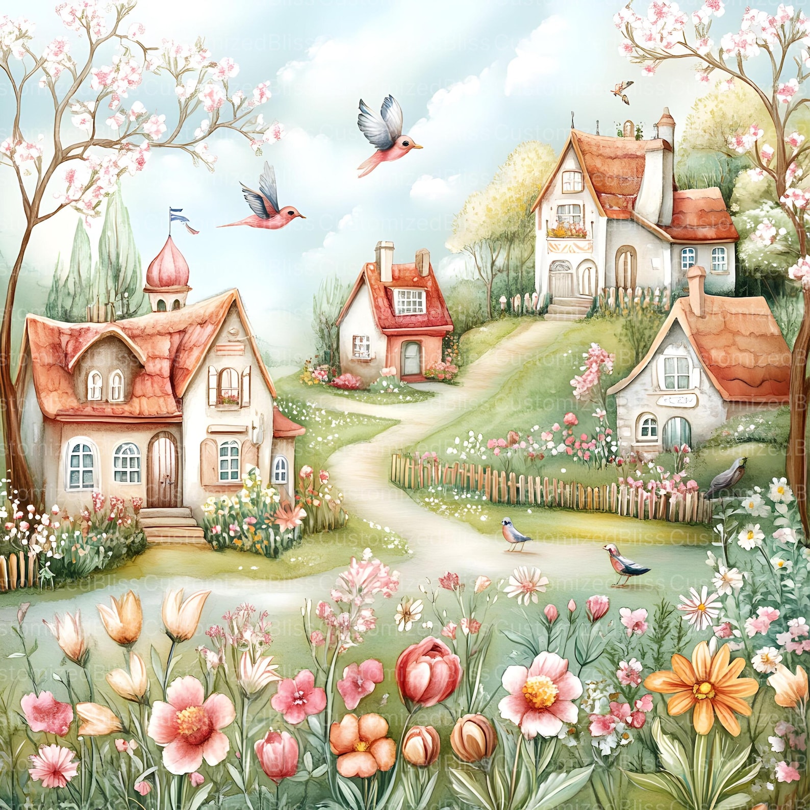 Whimsical Spring Village Art, 20 High Quality Jpgs, Watercolor Clipart ...