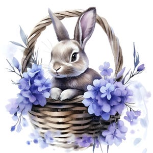 16 Bunny in Easter Basket With Flowers Clipart, Bunny Clipart, Easter ...