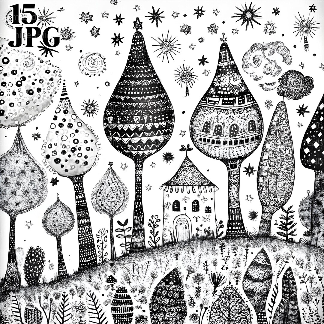 Adult Coloring Pages Whimsical Trees Clip Art, 15 High Res Watercolor ...