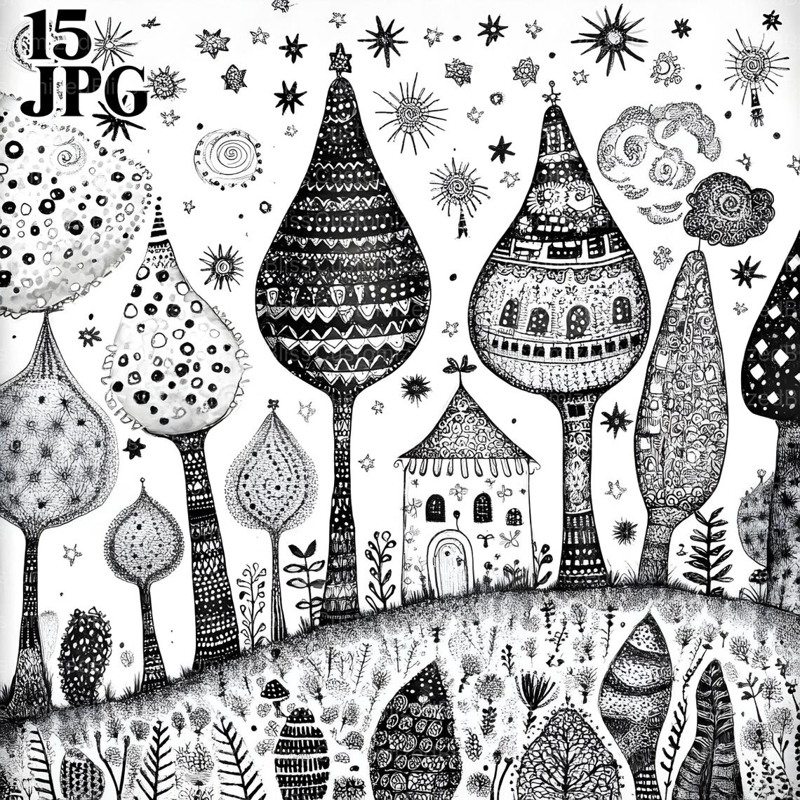 Adult Coloring Pages Whimsical Trees Clip Art, 15 High Res Watercolor ...