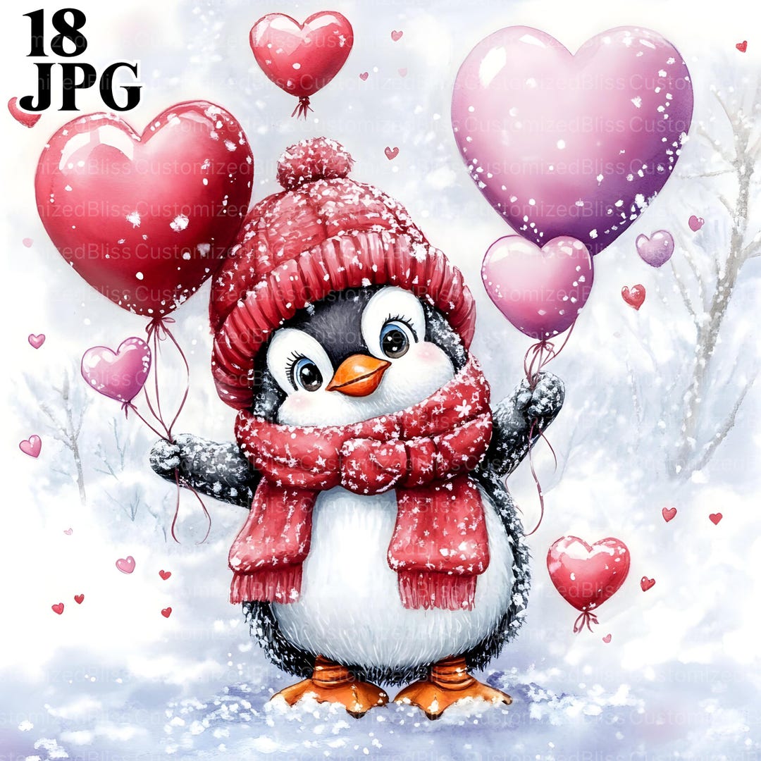 Winter Love Penguin Clipart, Red Heart Clipart, 18 High Quality Jpgs ...