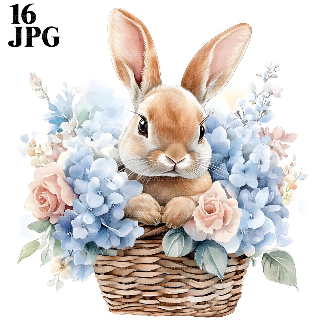 16 Bunny in Easter Basket With Flowers Clipart, Bunny Clipart, Easter ...