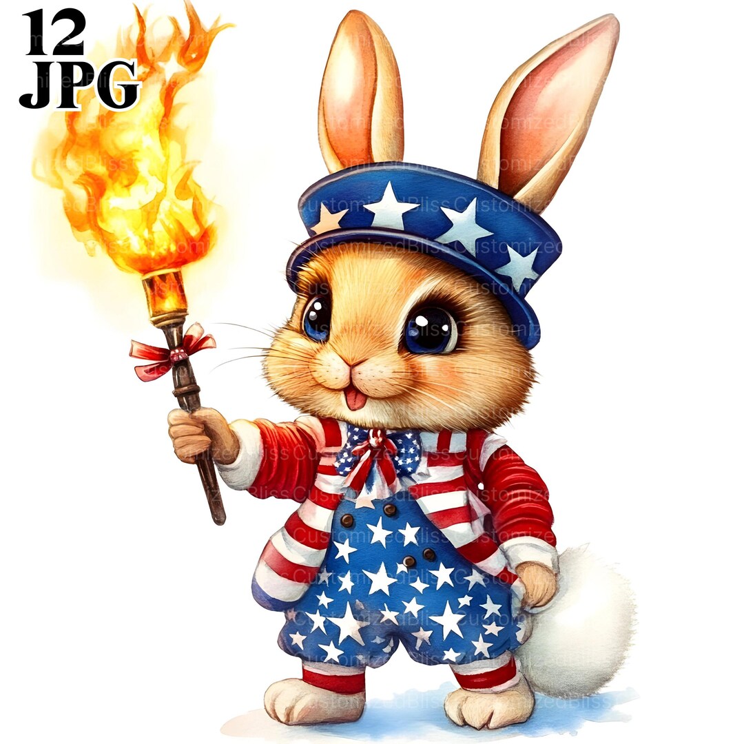 12 Patriotic Rabbit Clipart, USA Clipart, 4th of July Clipart, Cute ...