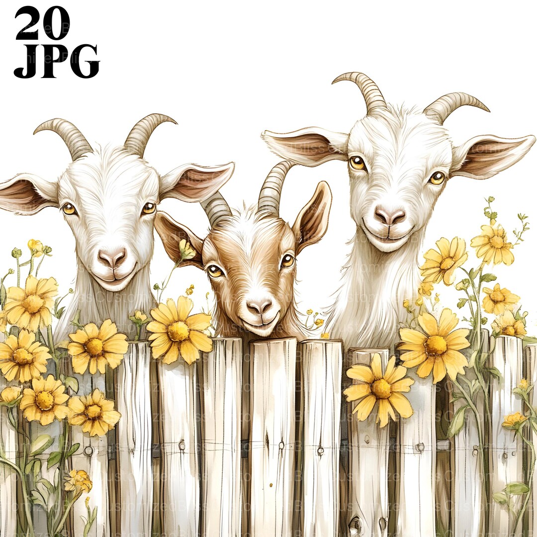 Cute Goats on a Farm Fence Clipart Bundle, 20 High Quality Jpgs, Goat ...