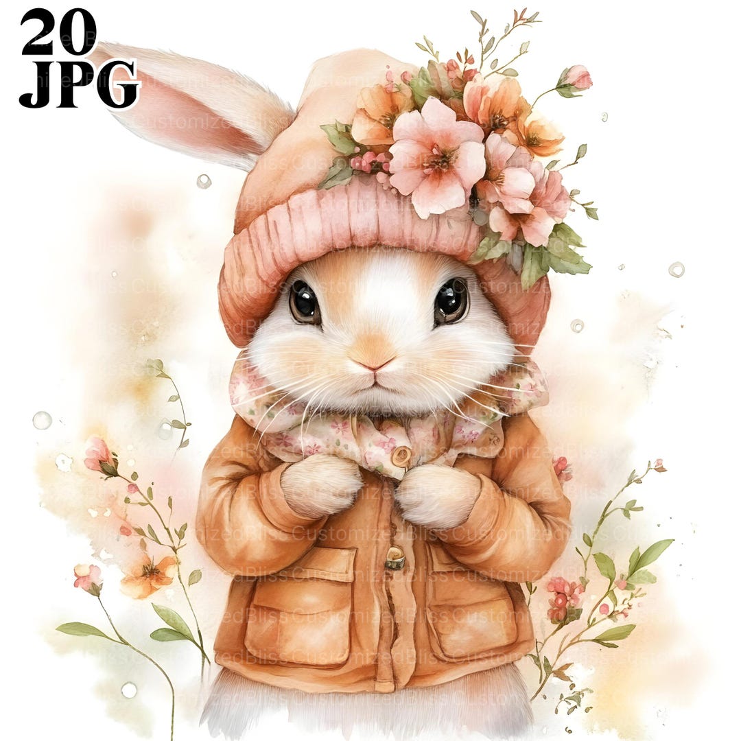 20 Cute Spring Flower Rabbit Clipart Bundle, Cute Rabbit, Watercolor ...