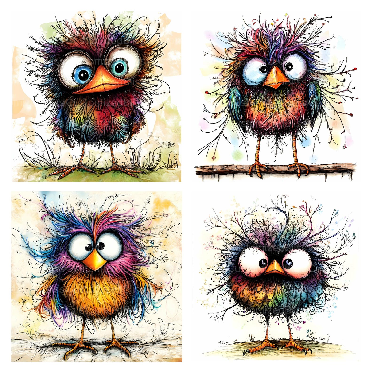 Frazzled Bird Clip Art, 15 High Quality JPG, Quirky Bird, Cartoon Birds ...