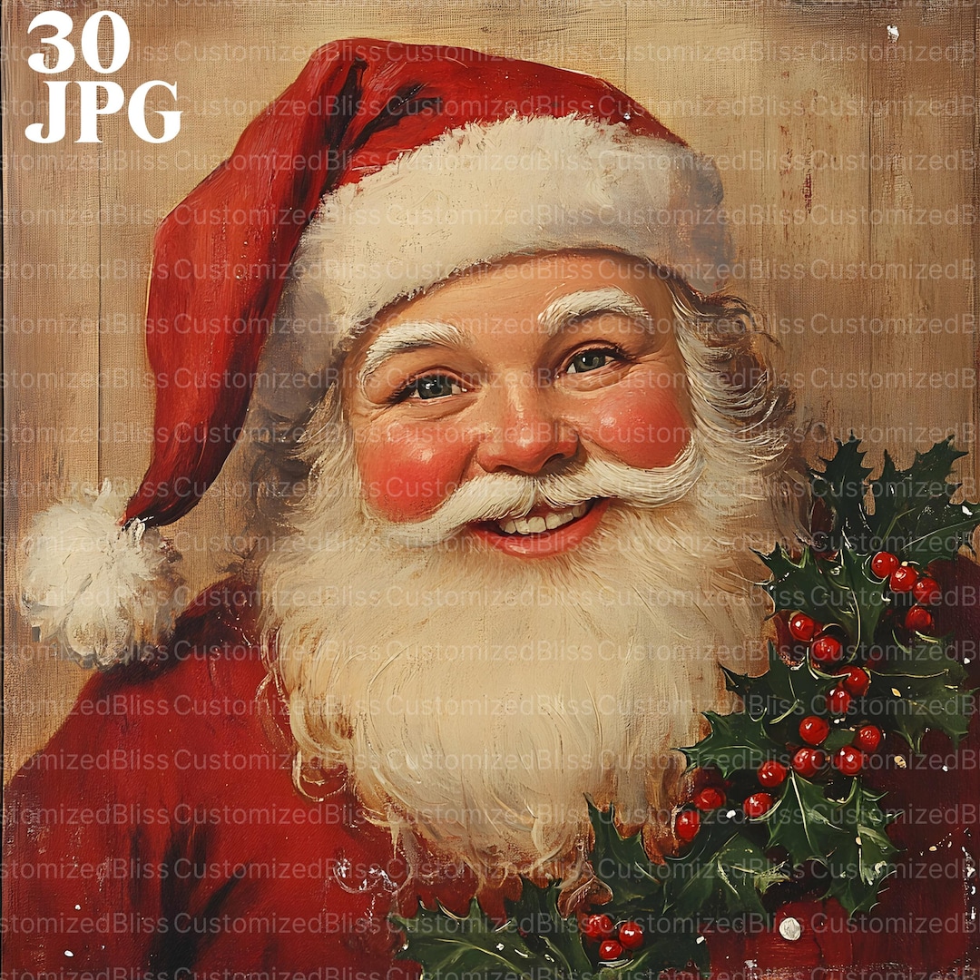 Vintage Santa With Holly Clipart Bundle, 30 High Quality Jpgs ...