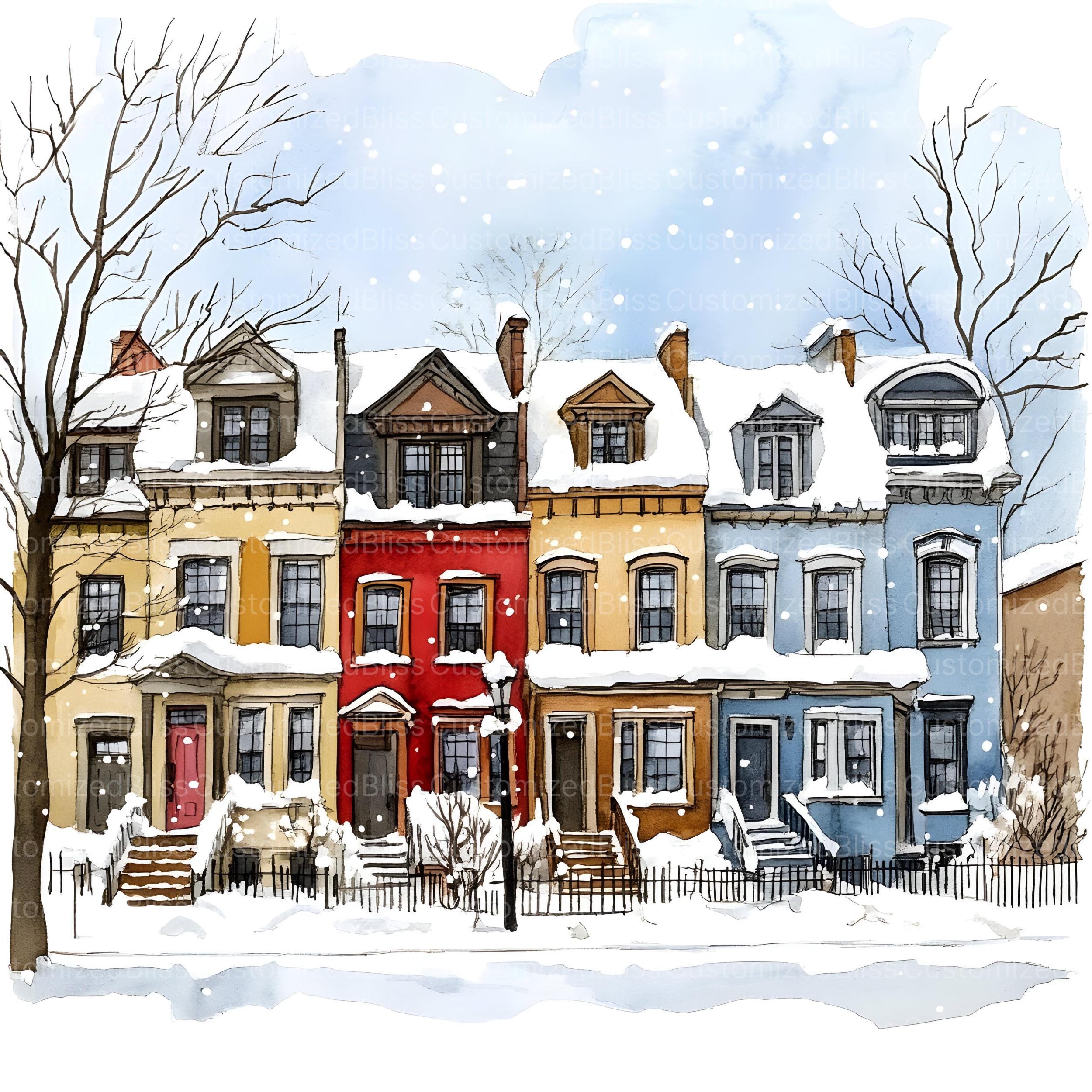 Row House in Winter Snow Clipart Bundle, 15 High Quality Jpgs, Craft ...