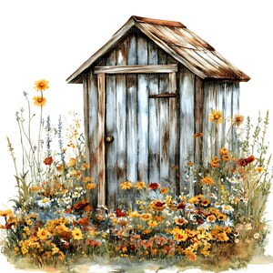Rustic Outhouse With Flowers Clipart Bundle, 15 High Quality Watercolor ...