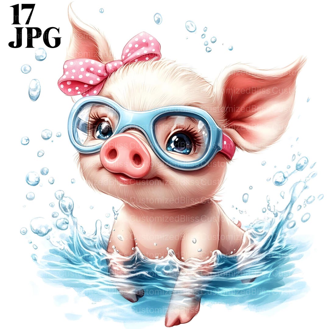 17 Swimming Piglet Clipart, Cute Pig With Bow and Goggles, Swimming ...