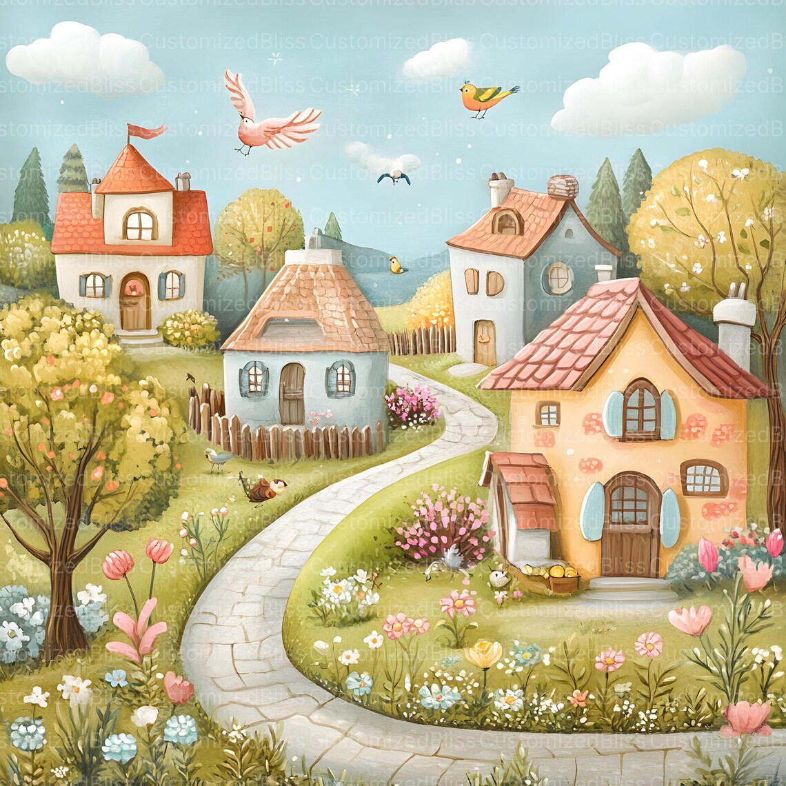 Whimsical Spring Village Art, 20 High Quality Jpgs, Watercolor Clipart ...