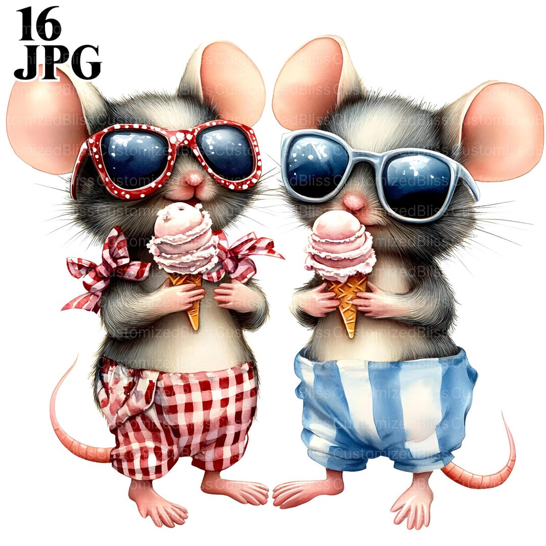 16 Summer Mouse Couple Clipart, Cute Mice With Ice Cream Clipart, Beach ...