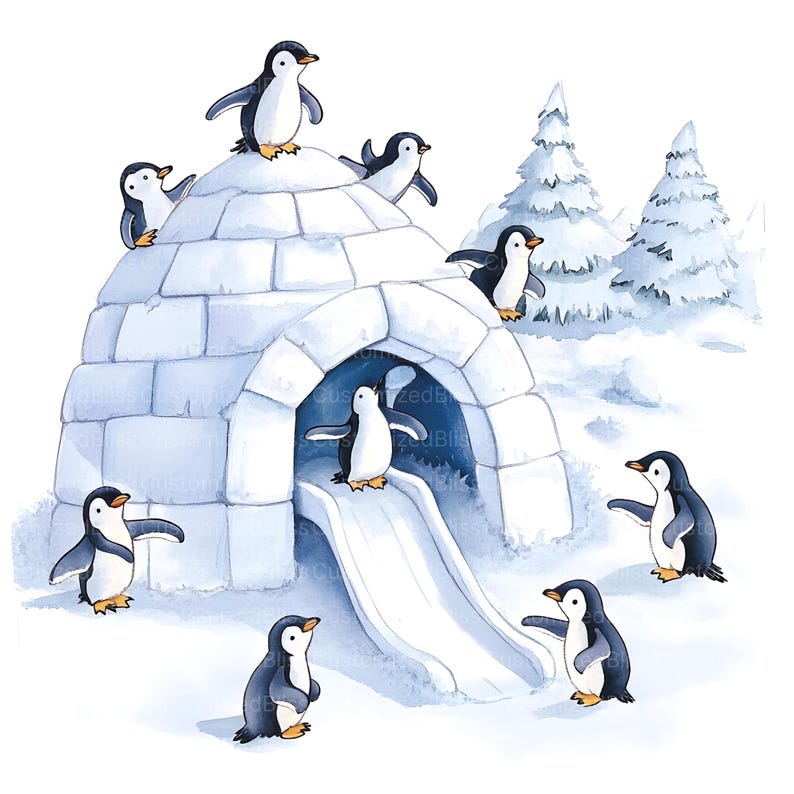 20 Watercolor Igloo Clipart, Cute Penguin Clipart, Winter Clipart ...