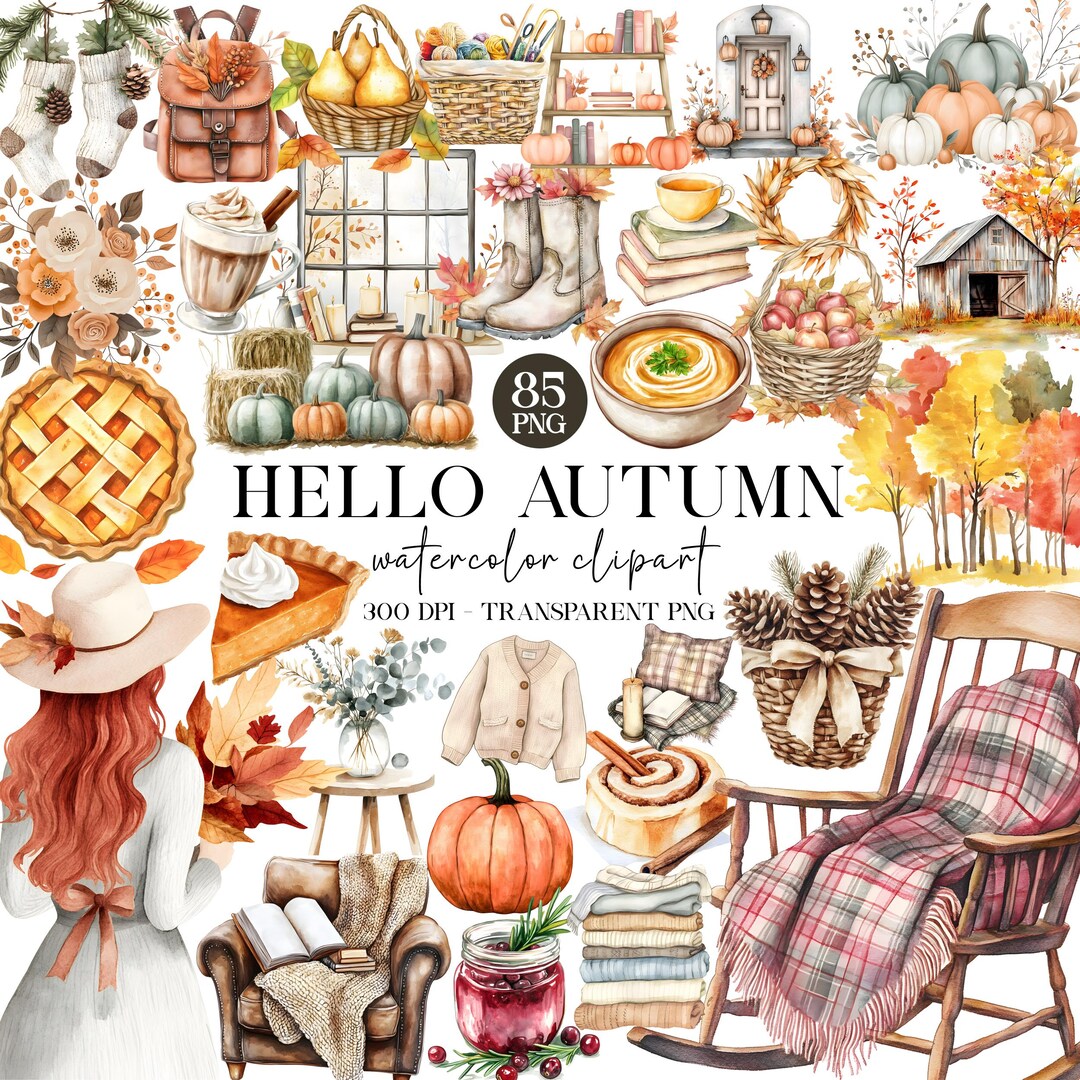 Hello Autumn, Watercolor Autumn Clipart Bundle, Cozy Fall Clipart ...