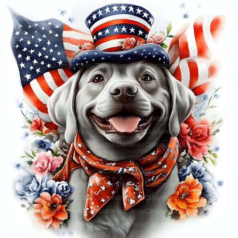 16 Patriotic Dog Clipart, American Flag Labrador With Top Hat, 4th of ...