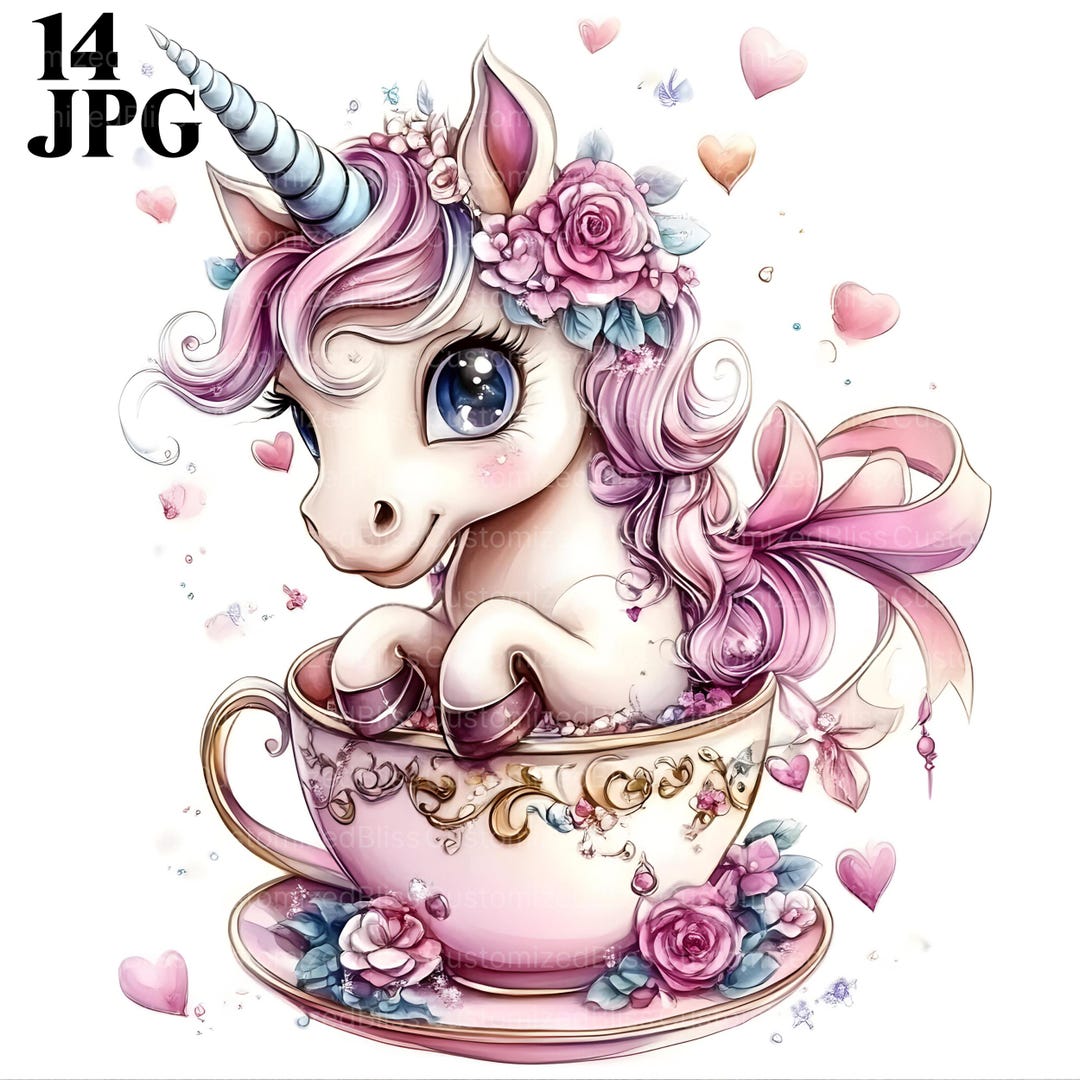 14 Whimsical Unicorn Clipart in Teacup With Pink Bow, Cute Unicorn ...