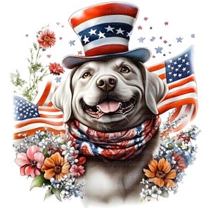 16 Patriotic Dog Clipart, American Flag Labrador With Top Hat, 4th of ...