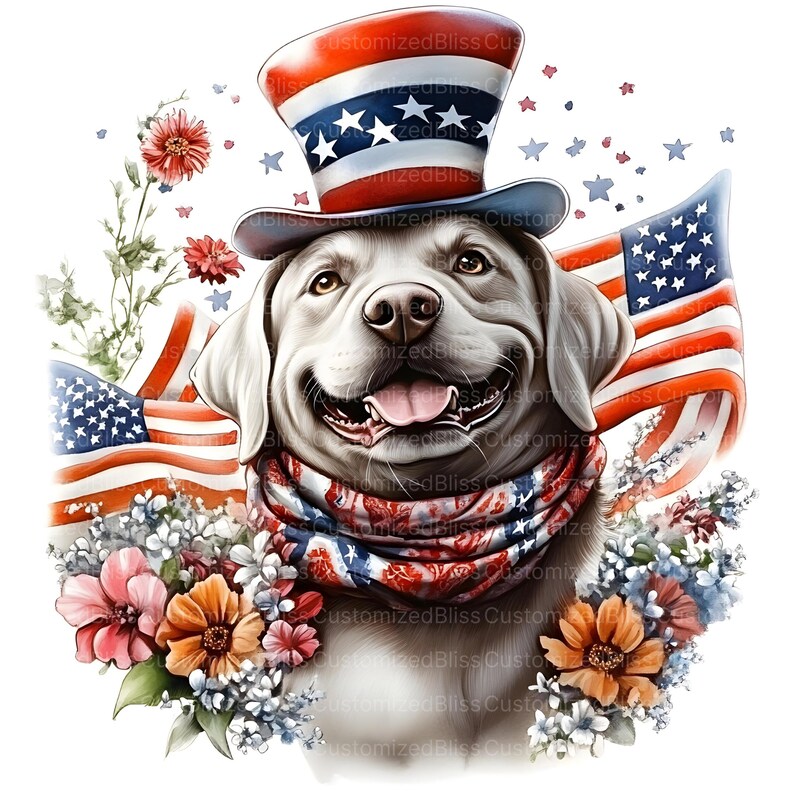16 Patriotic Dog Clipart, American Flag Labrador With Top Hat, 4th of ...