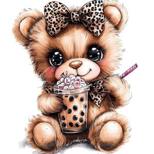 Cute Bear Clipart, Boba Clipart, Teddy Bear Clipart, Leopard Print Bow ...