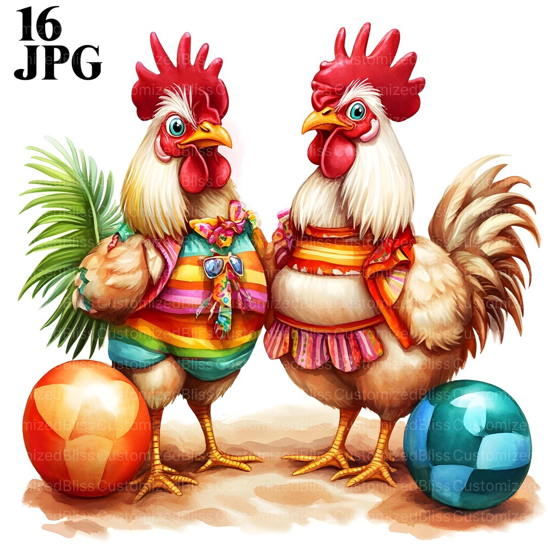 16 Summer Beach Chickens Clipart, Cute Rooster & Hen in Vacation ...