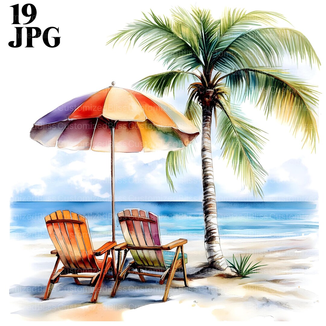 19 Watercolor Tropical Beach Clipart, Beach Clip Art, Vacation Scenery ...