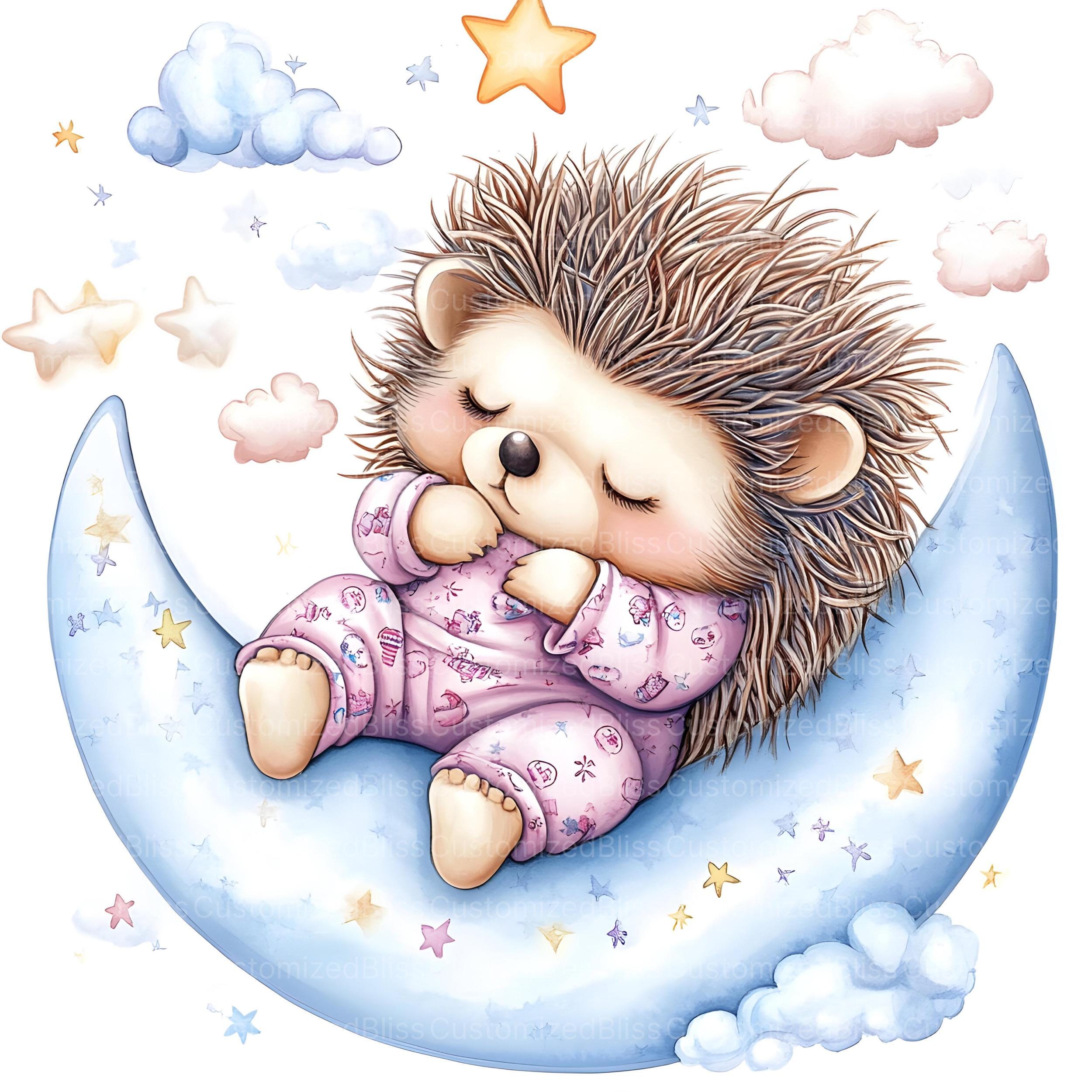 16 Sleepy Hedgehog on Moon Clipart, Pajamas, Stars, Pillow, High ...